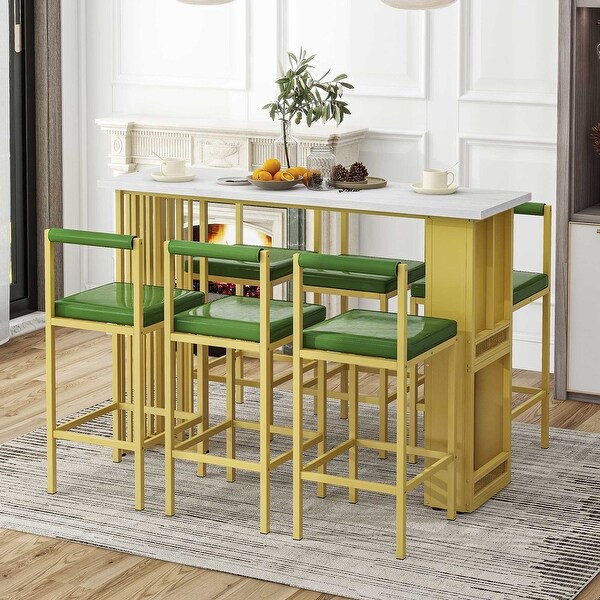 GREATPLANINC 7 Piece Modern Tall Dining Table Set with Open Shelves and 6 Upholstered Stools for Restaurants Bars and Cafes White Green White Green